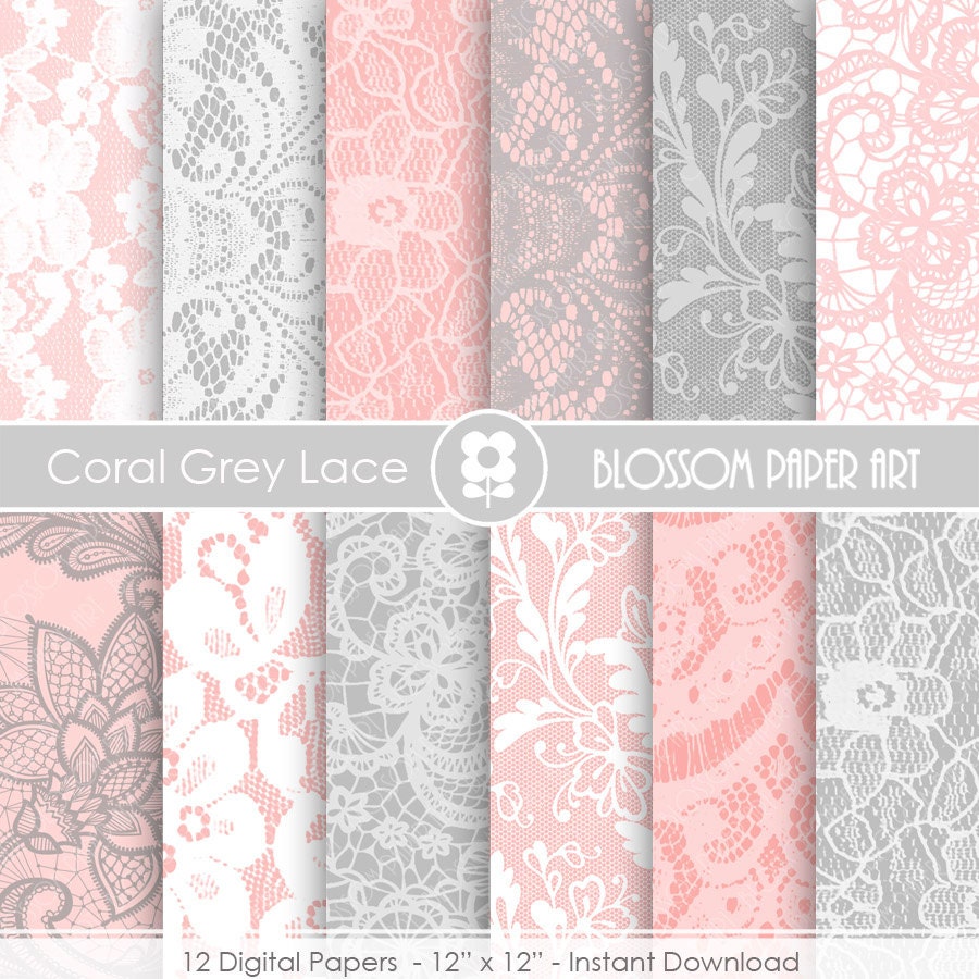 Lace Digital Paper Coral Grey Lace Digital Paper Pack