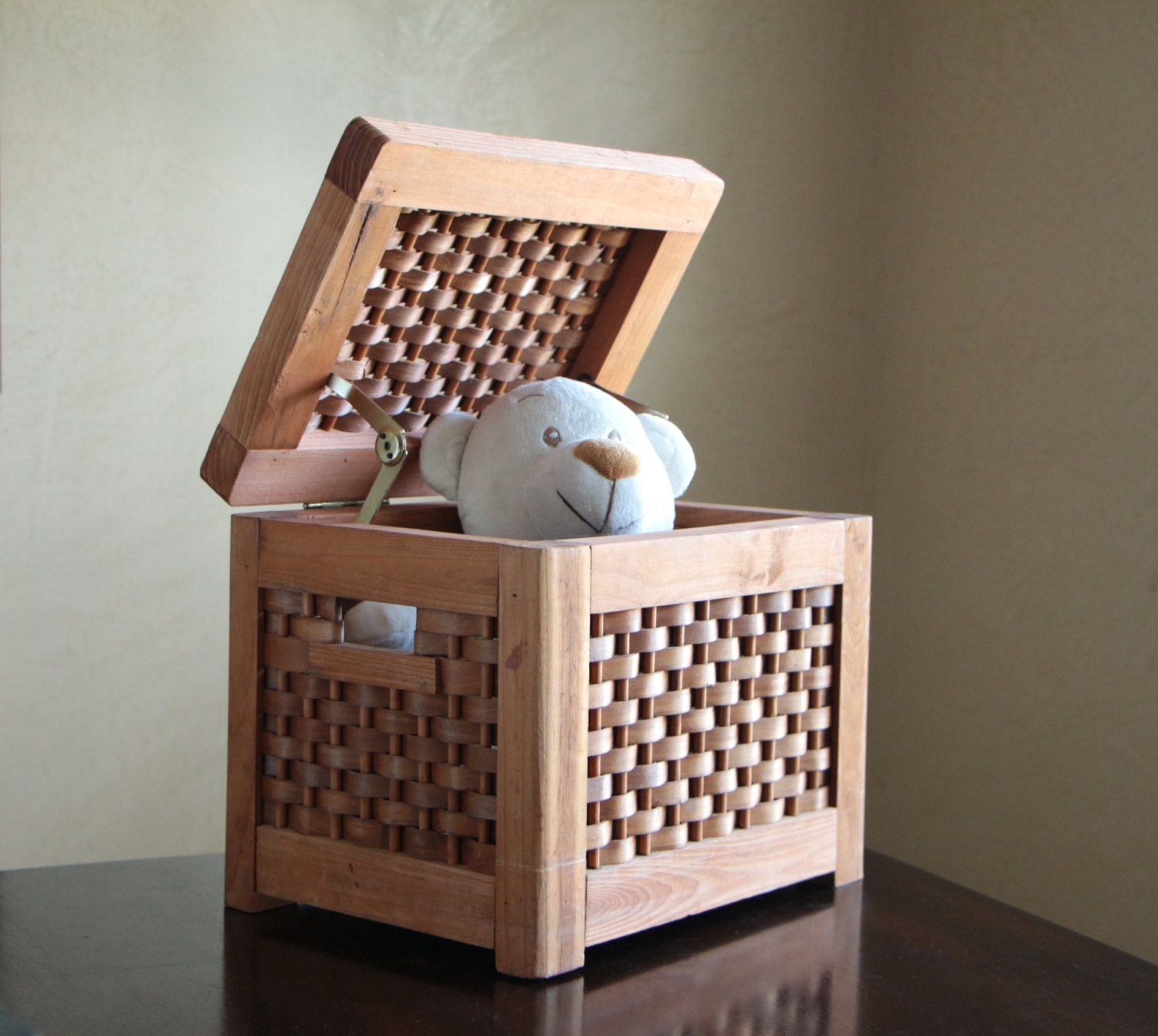 Vintage wood hinged storage box with lid / sturdy chest with wicker ...