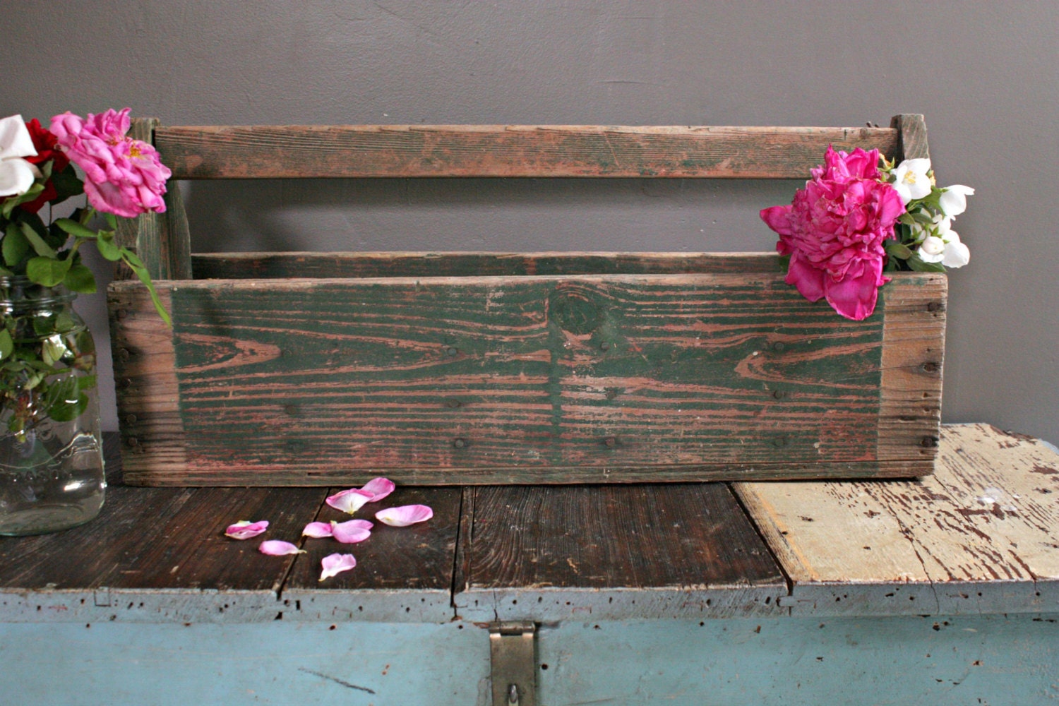 Vintage Wood Tool Box, Sturdy Toolbox, Green Wood Toolbox, Shabby Chic ...