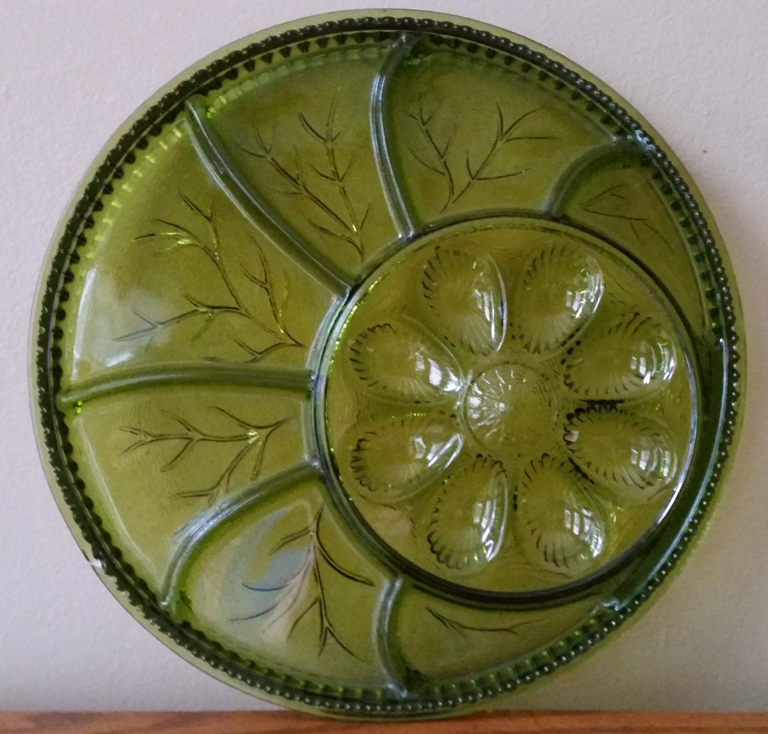 Vintage Indiana Glass Avocado Green Pebble Leaf Relish And Deviled Egg Serving Platter Haute Juice