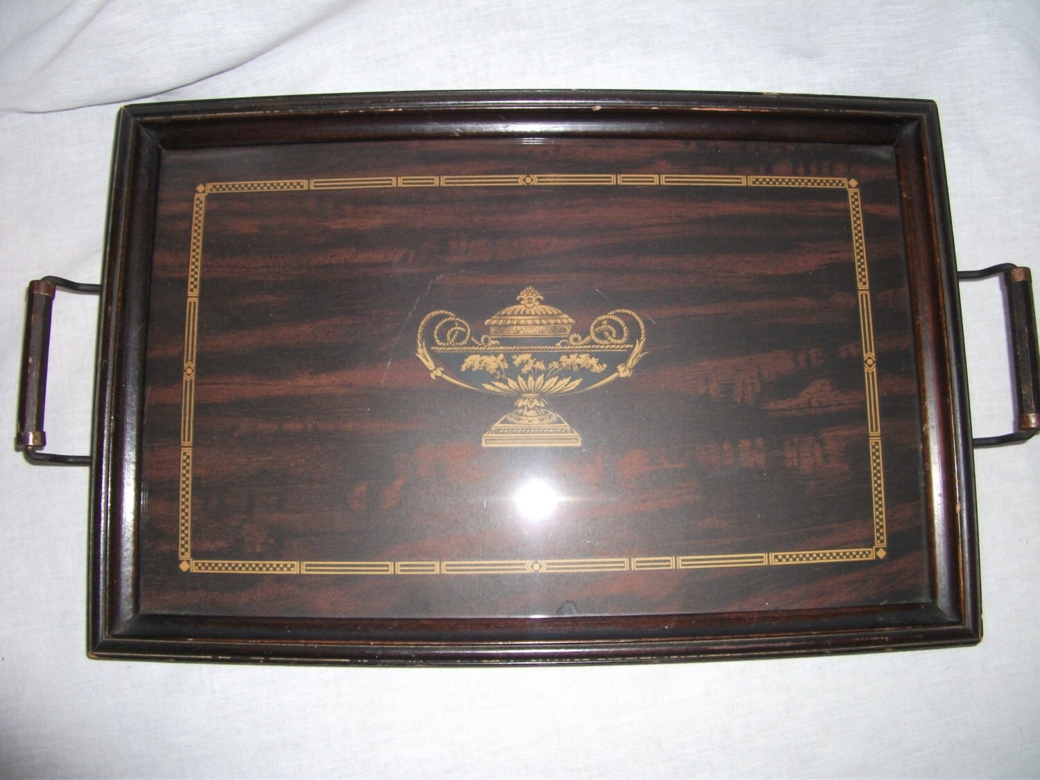 Vintage Antique Displayable Kitchen Food Wood Inlay Glass Serving Tray ...