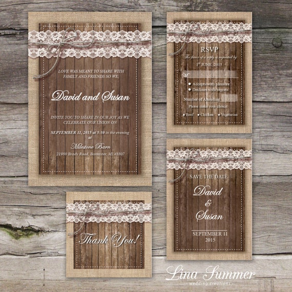 DIY Rustic wedding invitation with burlap wood and lace