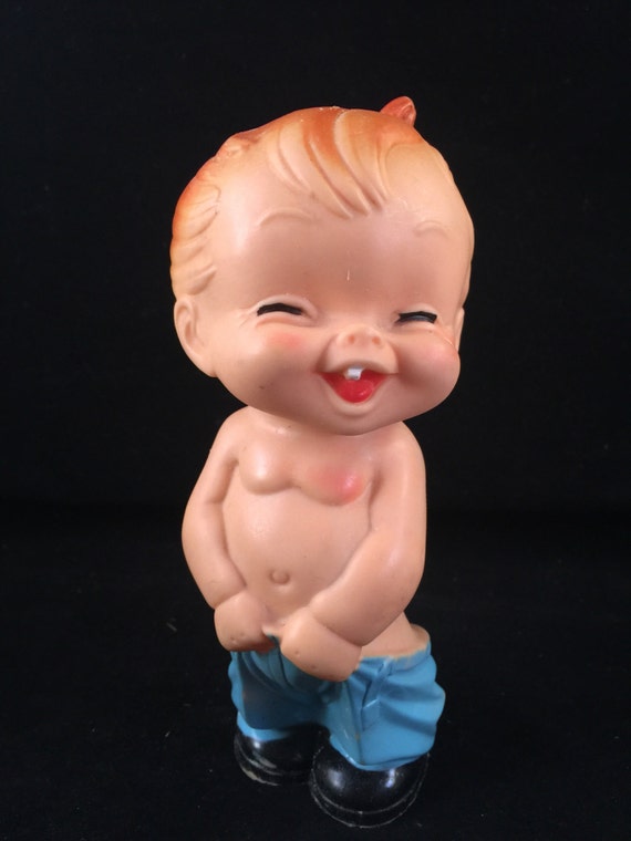 Vintage Rubber Squeak Doll Little Boy Holding His Pants Up