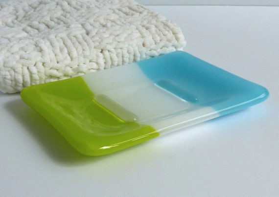 Fused Glass Soap Dish in Cyan Blue White and Spring by BPRDesigns