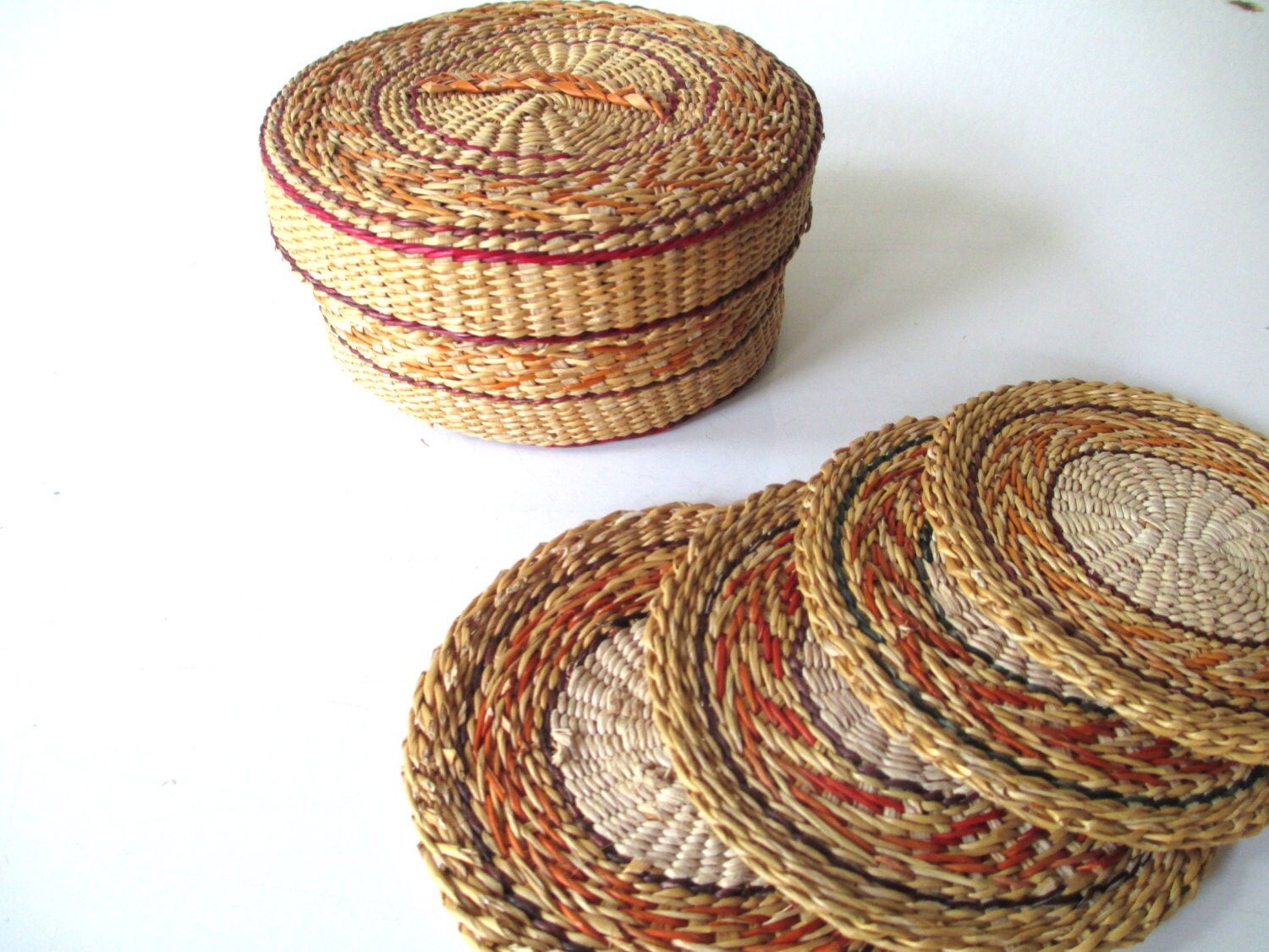Vintage Woven Coaster Set in Tan and Orange, Set with Basket and 12 ...
