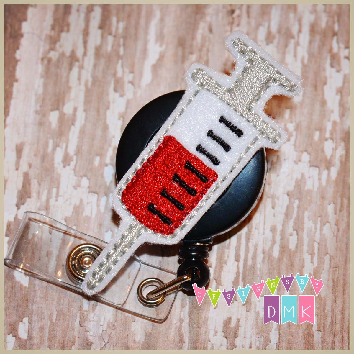 Syringe Blood Draw Red Felt Badge Reel Phlebotomist