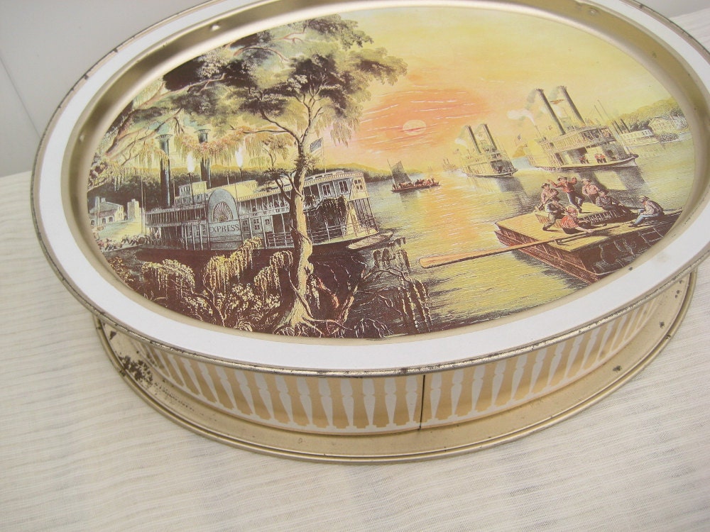Vintage Sunshine Biscuits Tin Box Steamboats On Mississippi