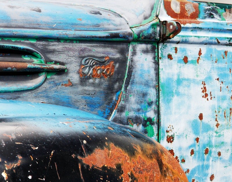 Blue rusty car picture retro art colorful photo by MFphotoart