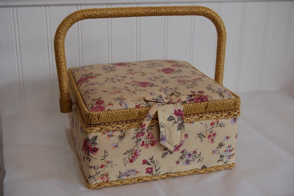 Cloth Sewing Basket padded floral fabric with wicker trim and handle ...