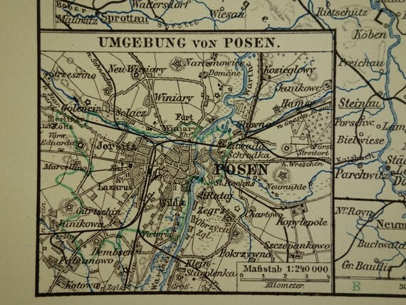 Old map of Posen Germany province 1913 original vintage poster