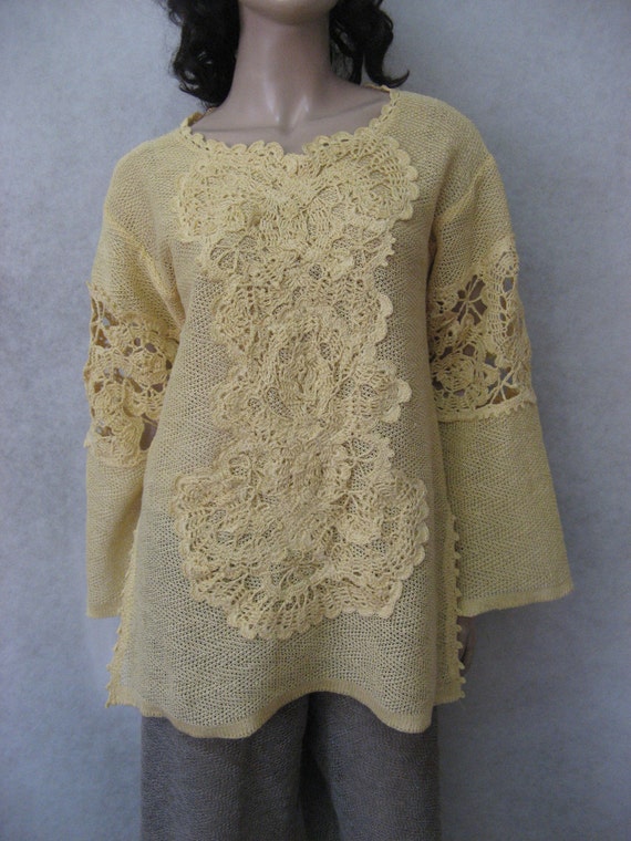 Items similar to Crocheted Ethnic Tunic, KNITTED Yellow Tunic ...