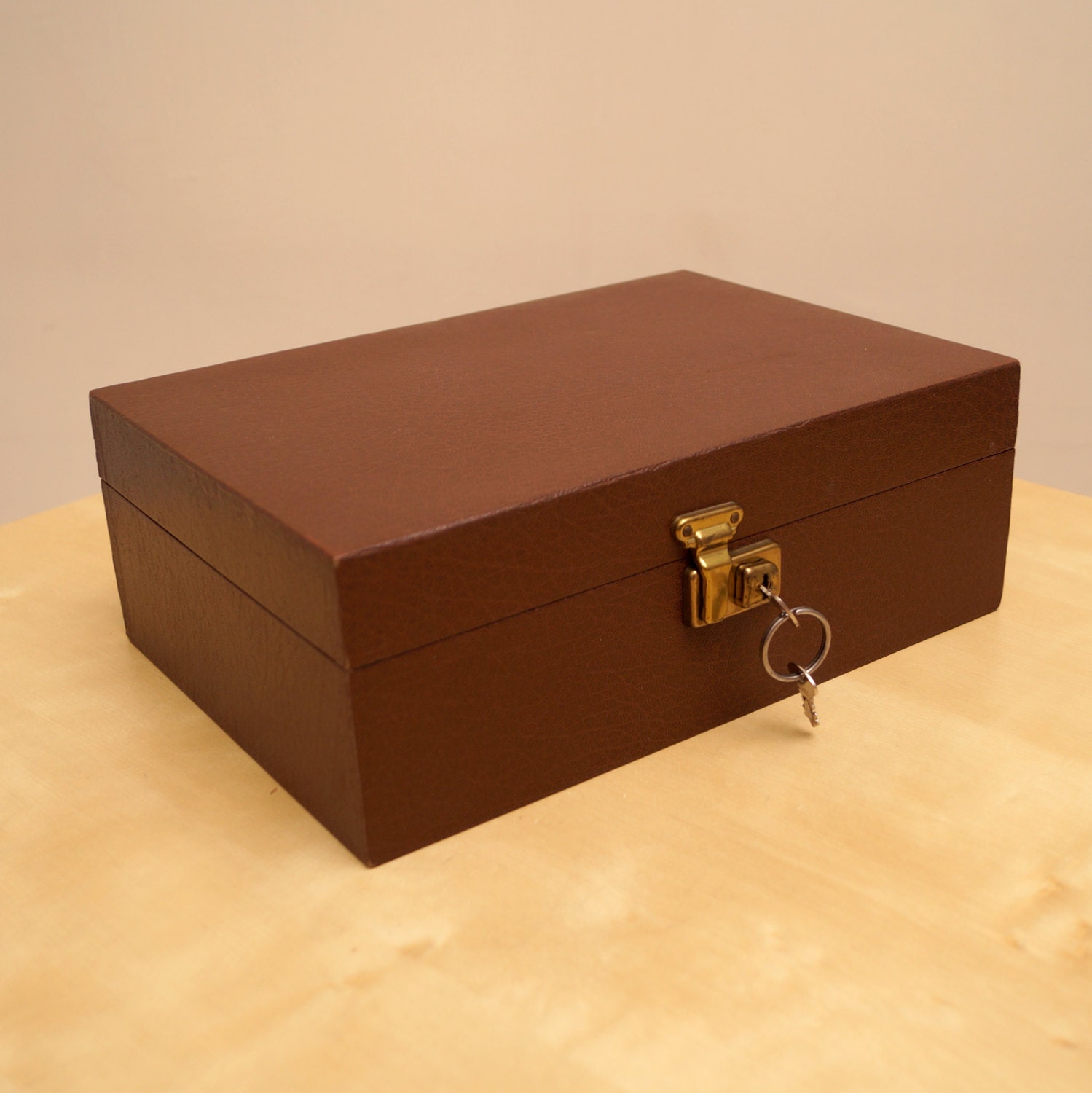 Large Vintage Brown Leather Box with Lock || Contrabass Design || wood ...