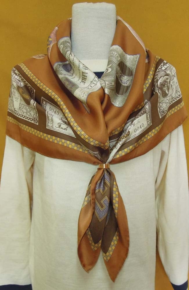 Fendi Silk Scarf Money Notes Pattern Brown Vintage Designer Accessories ...