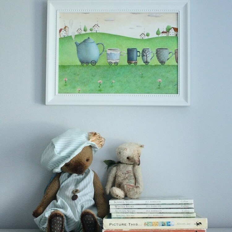 Tea Time Train Art Print Watercolor Print Whimsical Art by TinyRed