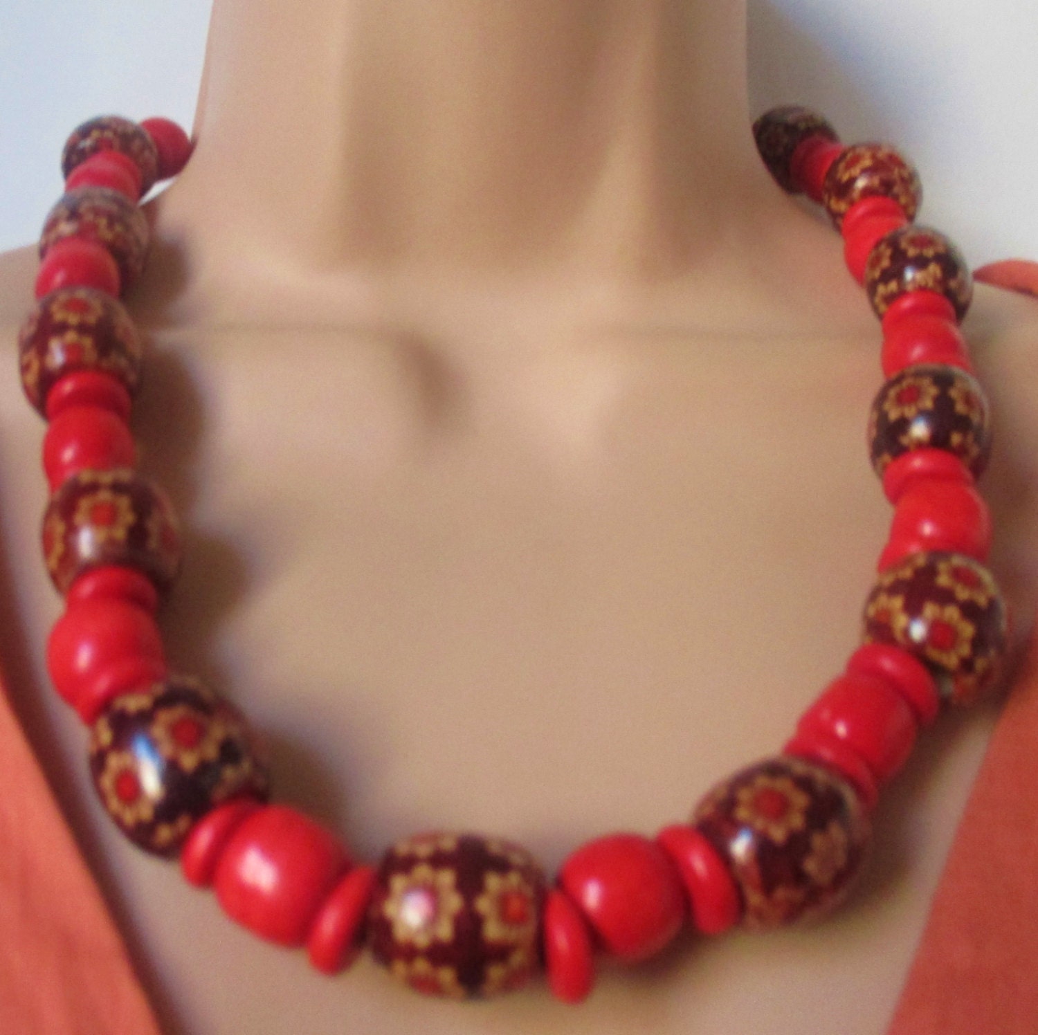 Red Beaded Wooden Chunky Necklace Ethnic Boho Womens Mens With