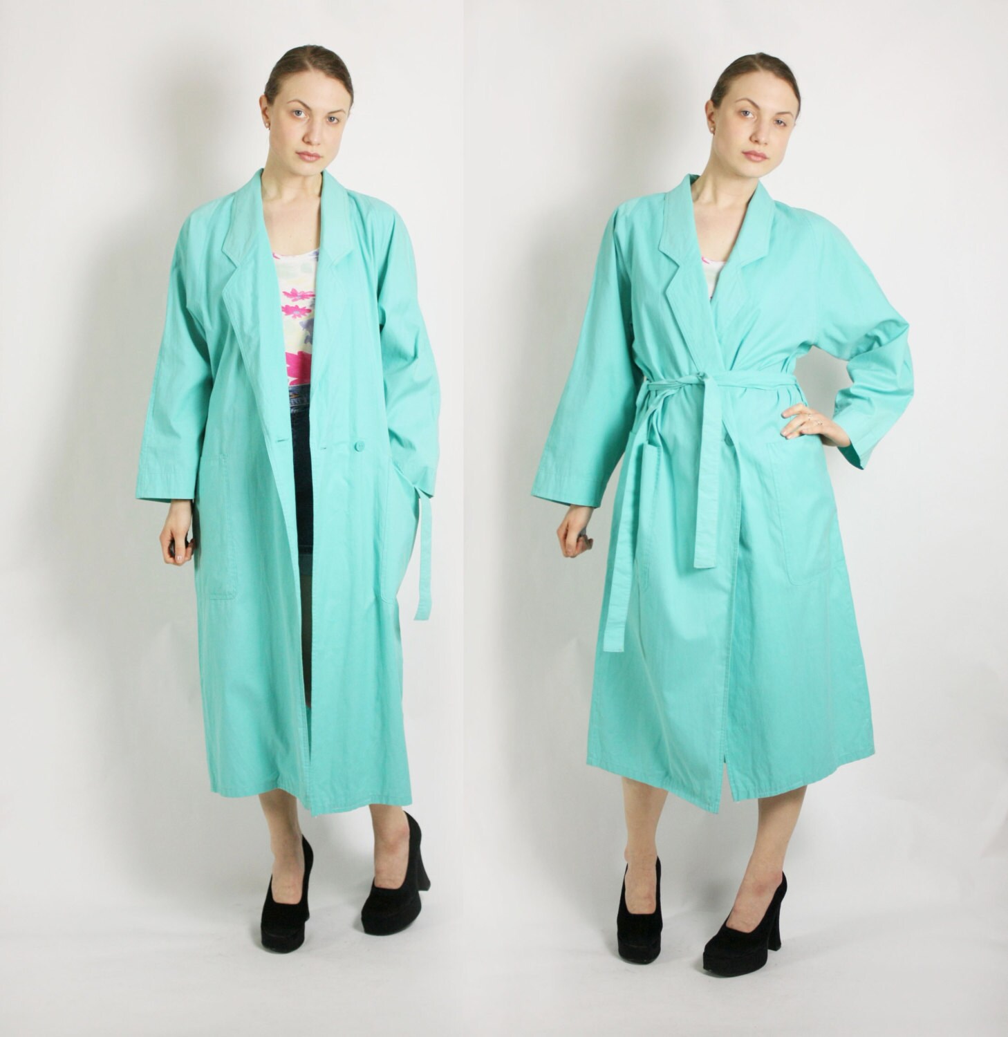Vintage 80’s Sherbet Turquoise Long Belted Trench Coat Overcoat – Haute ...