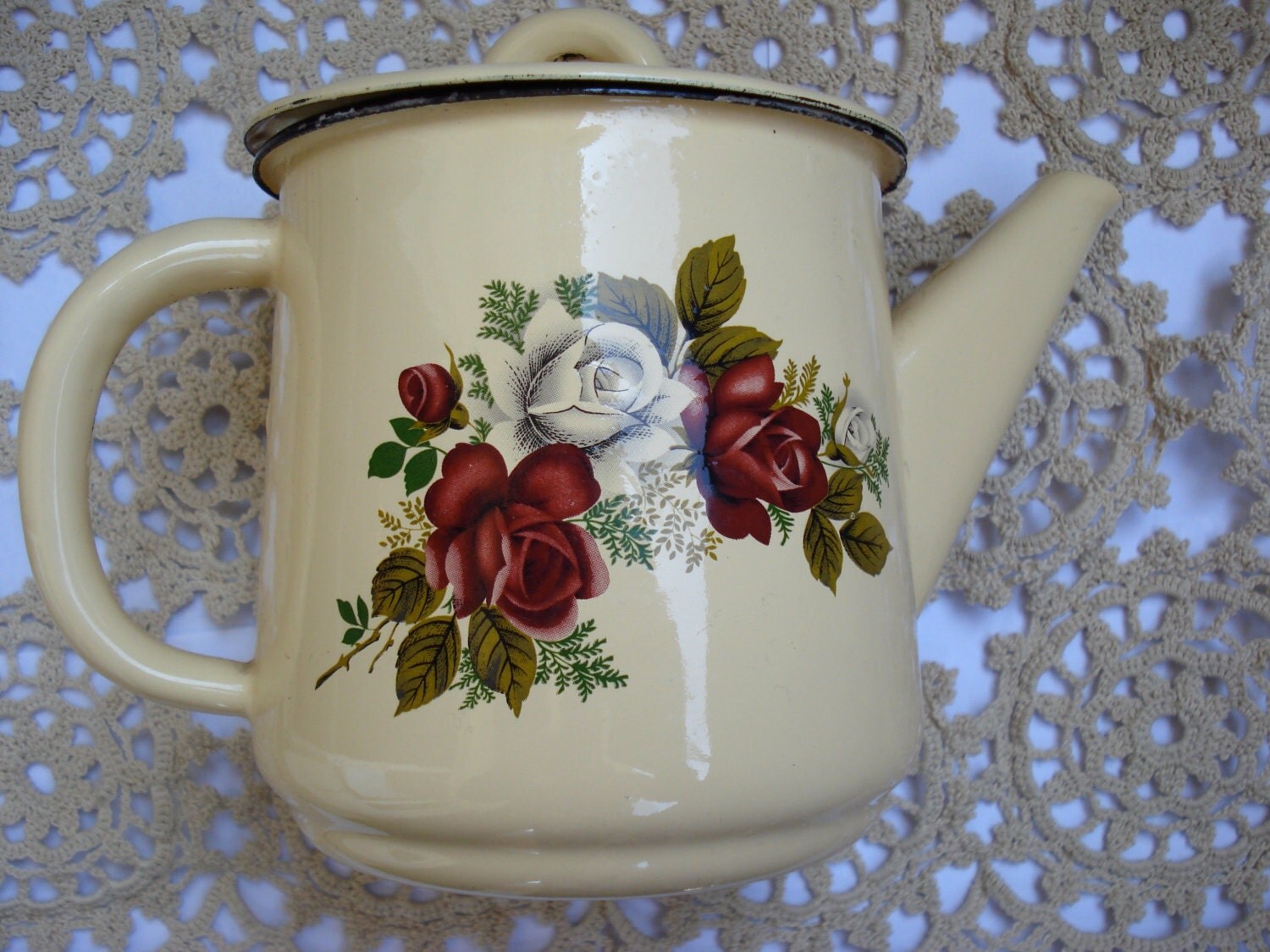 Soviet Vintage Tea/ Coffee Pot, Ivory Color Enamel Pot with Roses ...