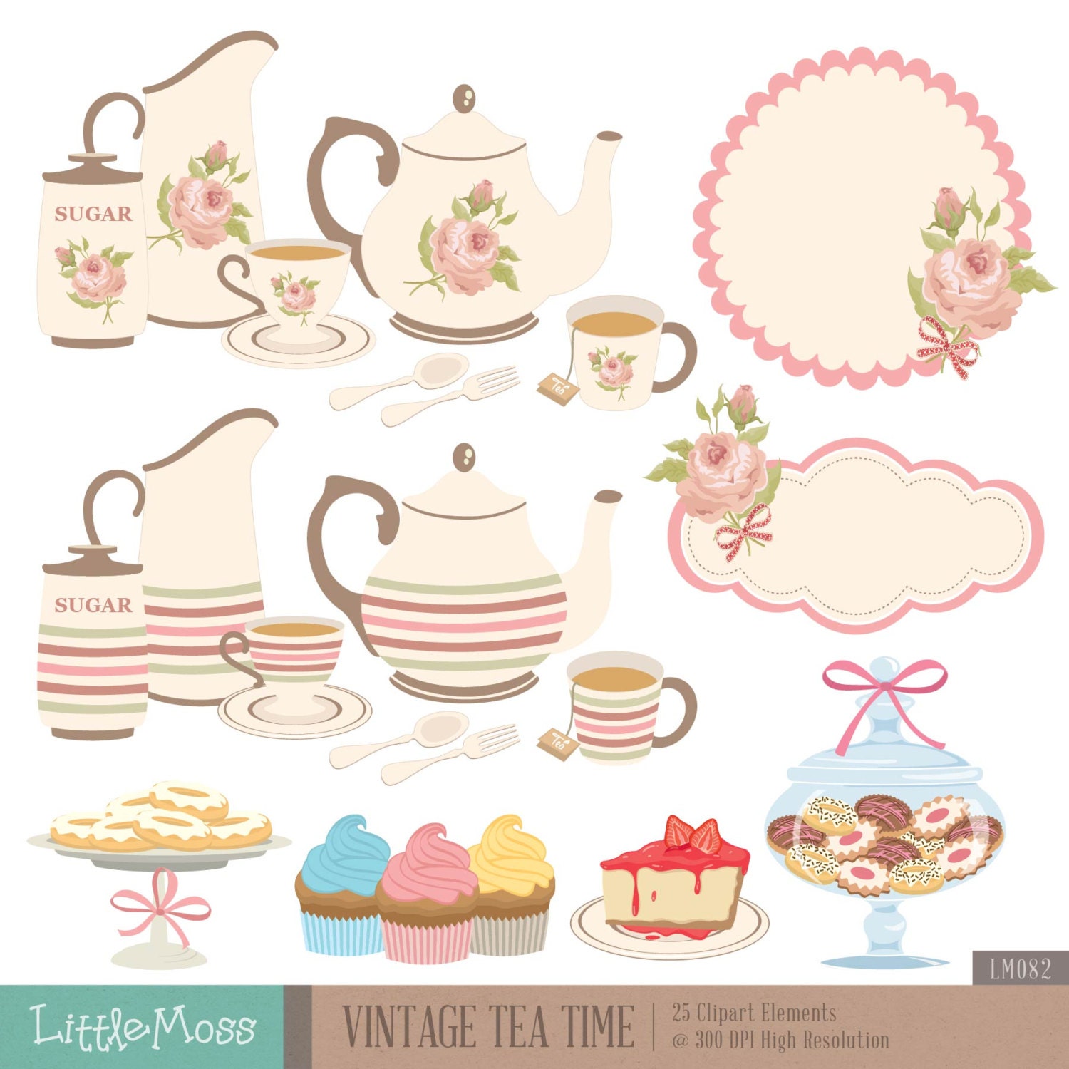 Vintage Tea Time Digital Clipart Tea Party Clipart Rose