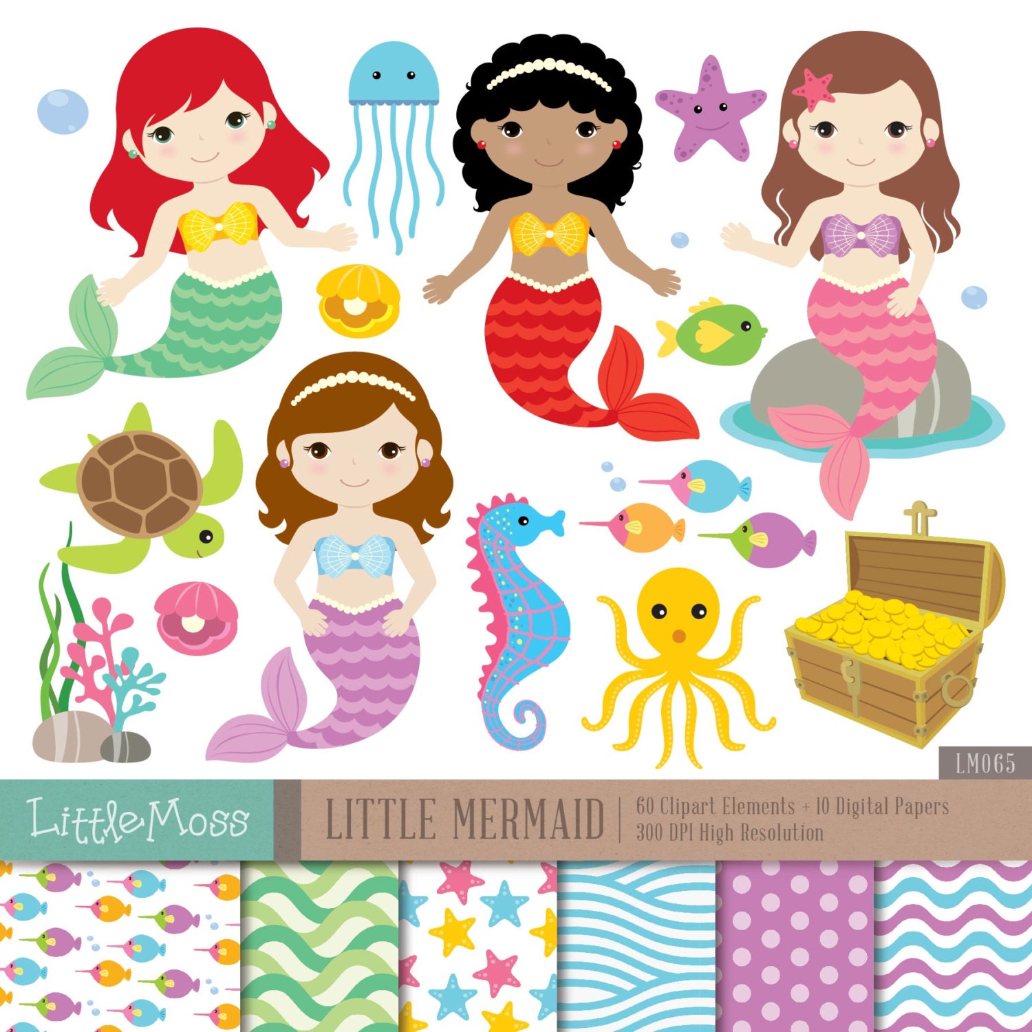 Little Mermaids Digital Clipart and Papers Under the Sea