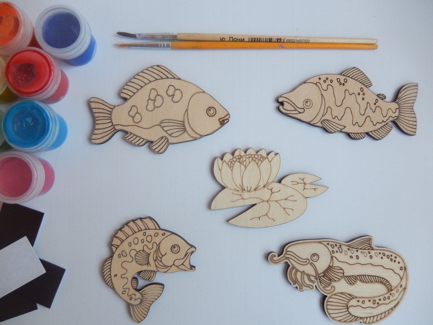 5 Fish Crafts Shapes.Simple Kids Craft.Wooden Cutouts for