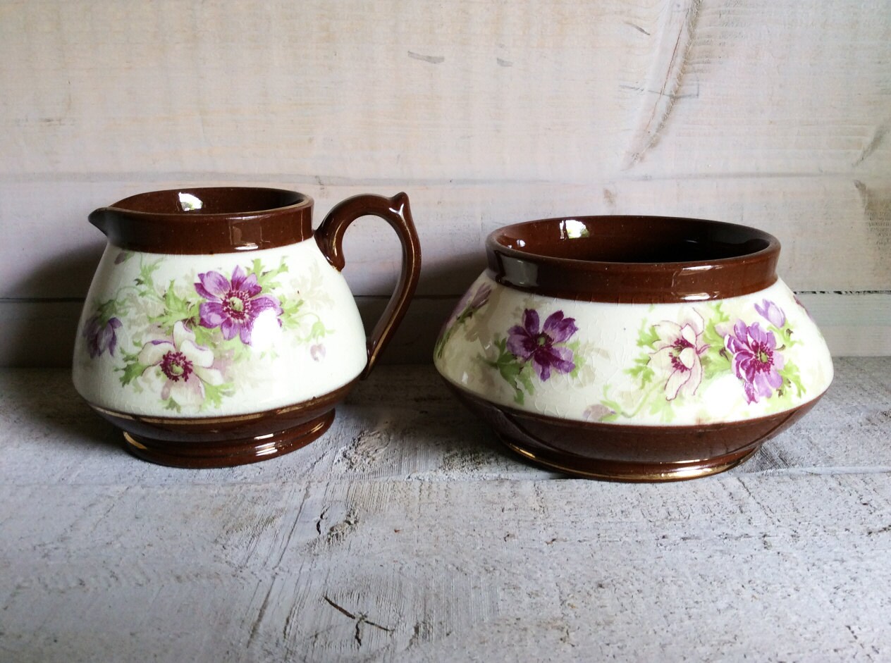 Vintage Roses Milk Jug and Sugar Bowl, Earthenware Jug and Bowl with ...