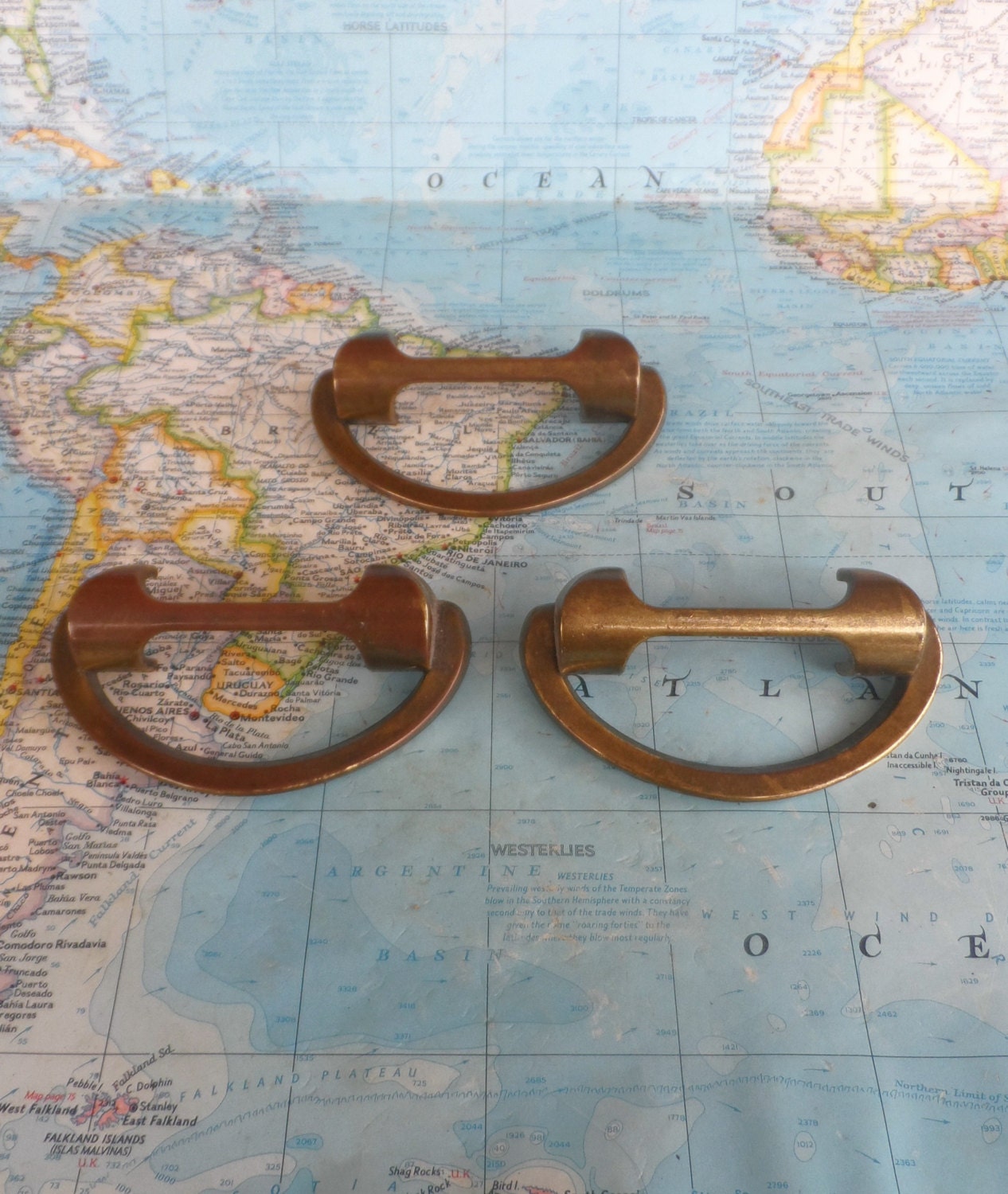SALE! 3 vintage open wedge distressed brass metal pull handles – Haute ...