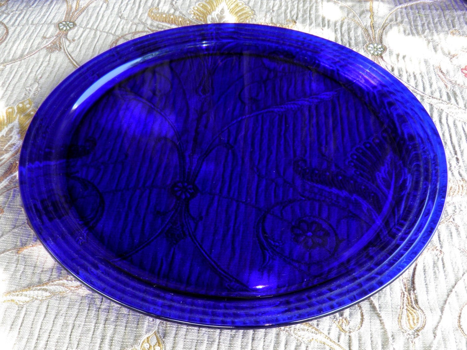 Vintage Dining Serving Platter – 14″ Deep Cobalt Blue Ribbed Plate ...