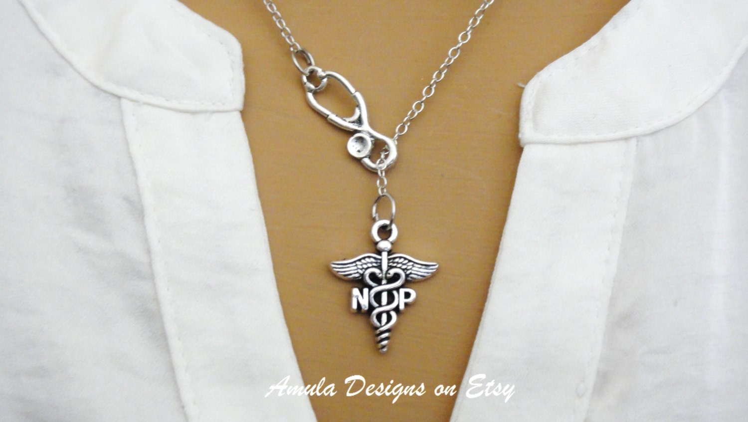 NP Nurse Practitioner Caduceus Stethoscope Lariat Necklace