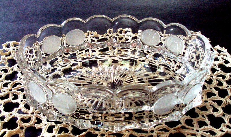 Vintage Fostoria Coin Glass Oval Serving Bowl cr. 1960, Raised, Frosted ...