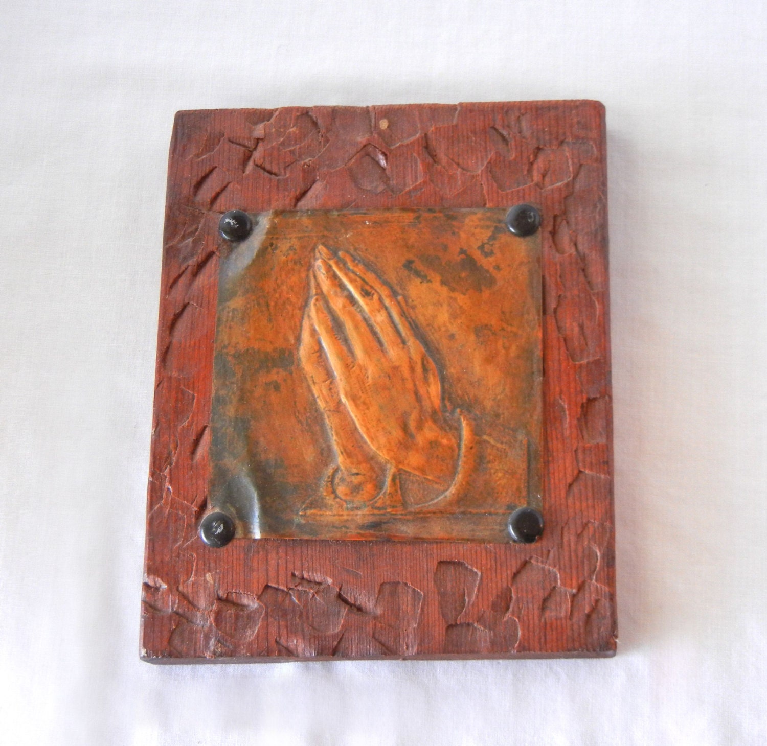 Praying Hands Wall Plaque Folk Art Embossed Metal Carved Wood