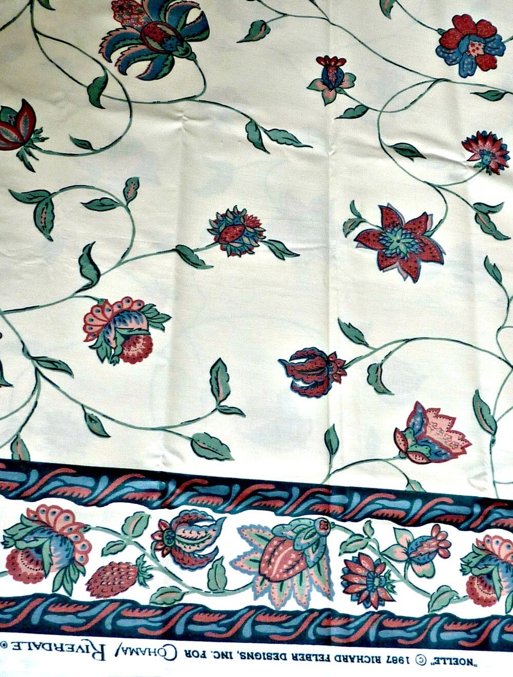 Designer Fabric Floral Border Print Turquoise Rust Sage