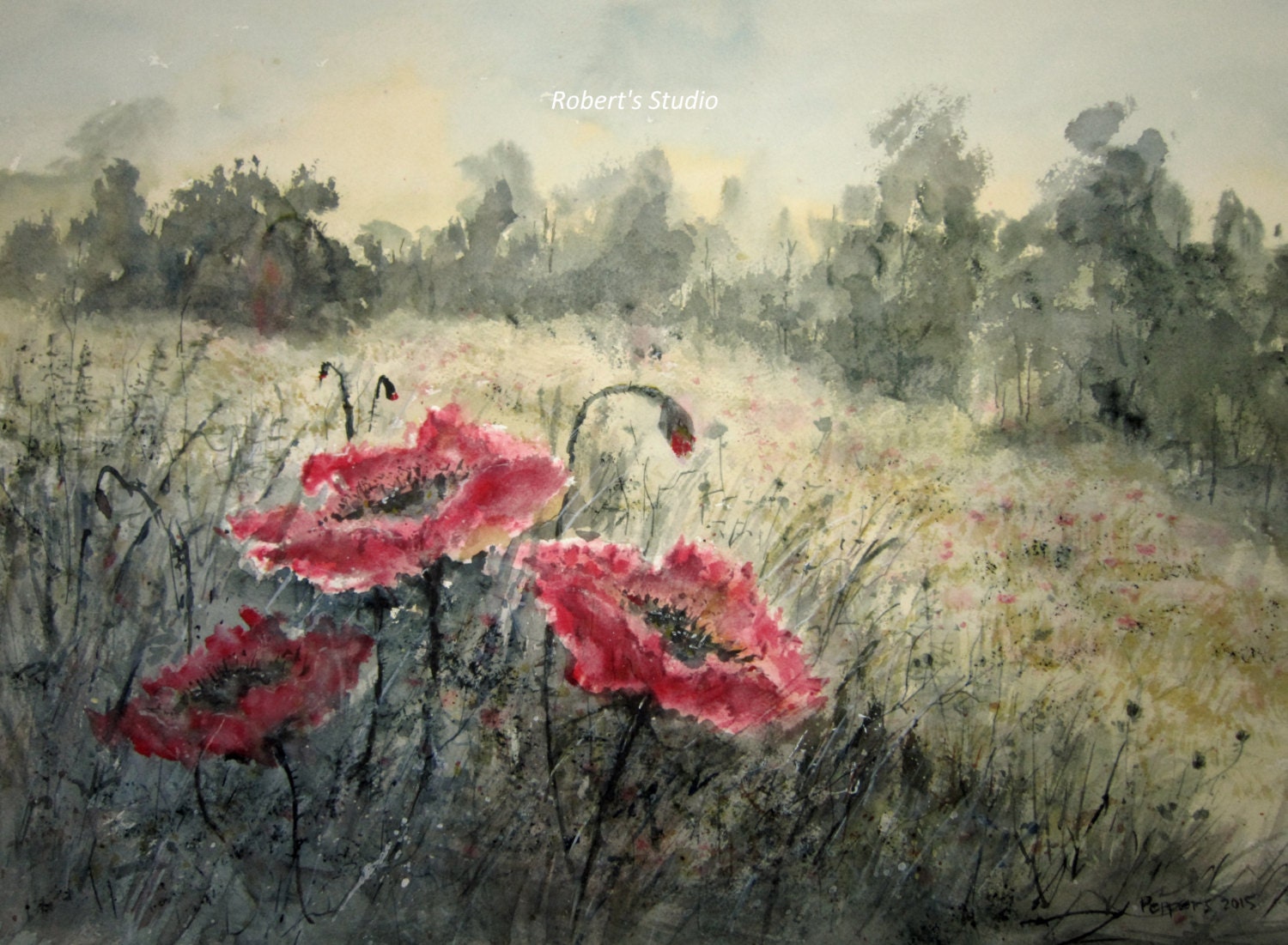 Poppy Field watercolor landscape landscape painting
