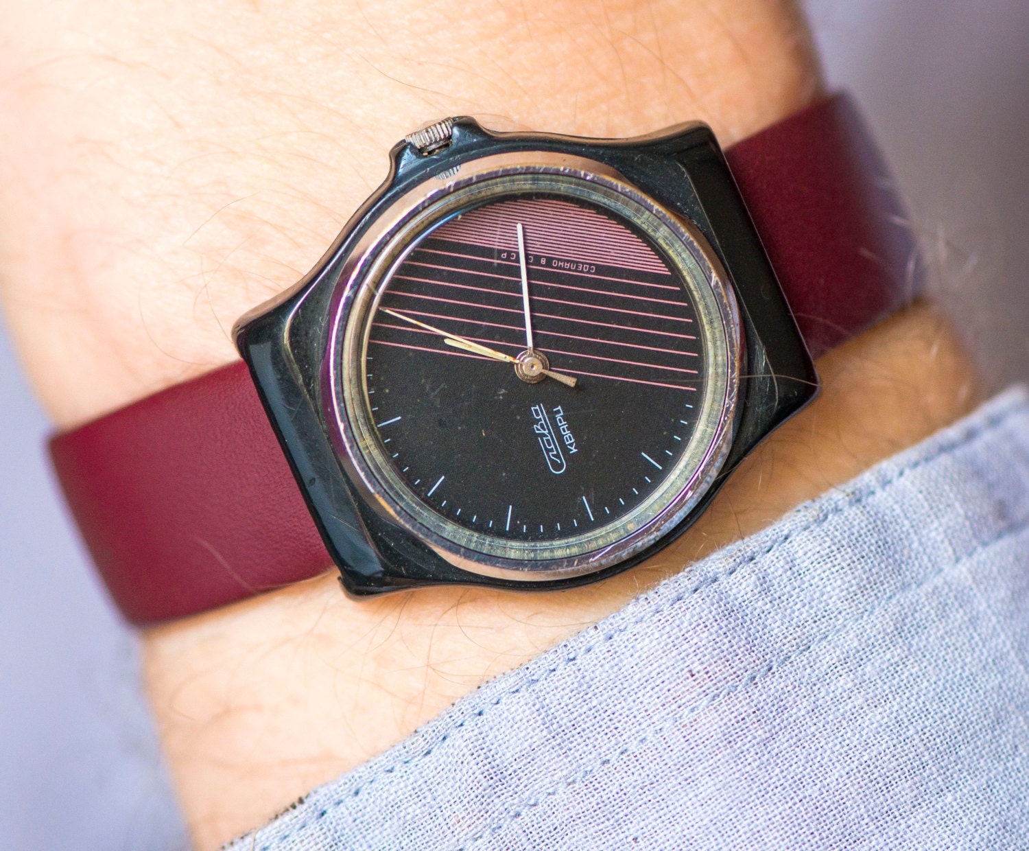80s fashion quartz watch, black burgundy quartz watch Glory, Soviet men ...