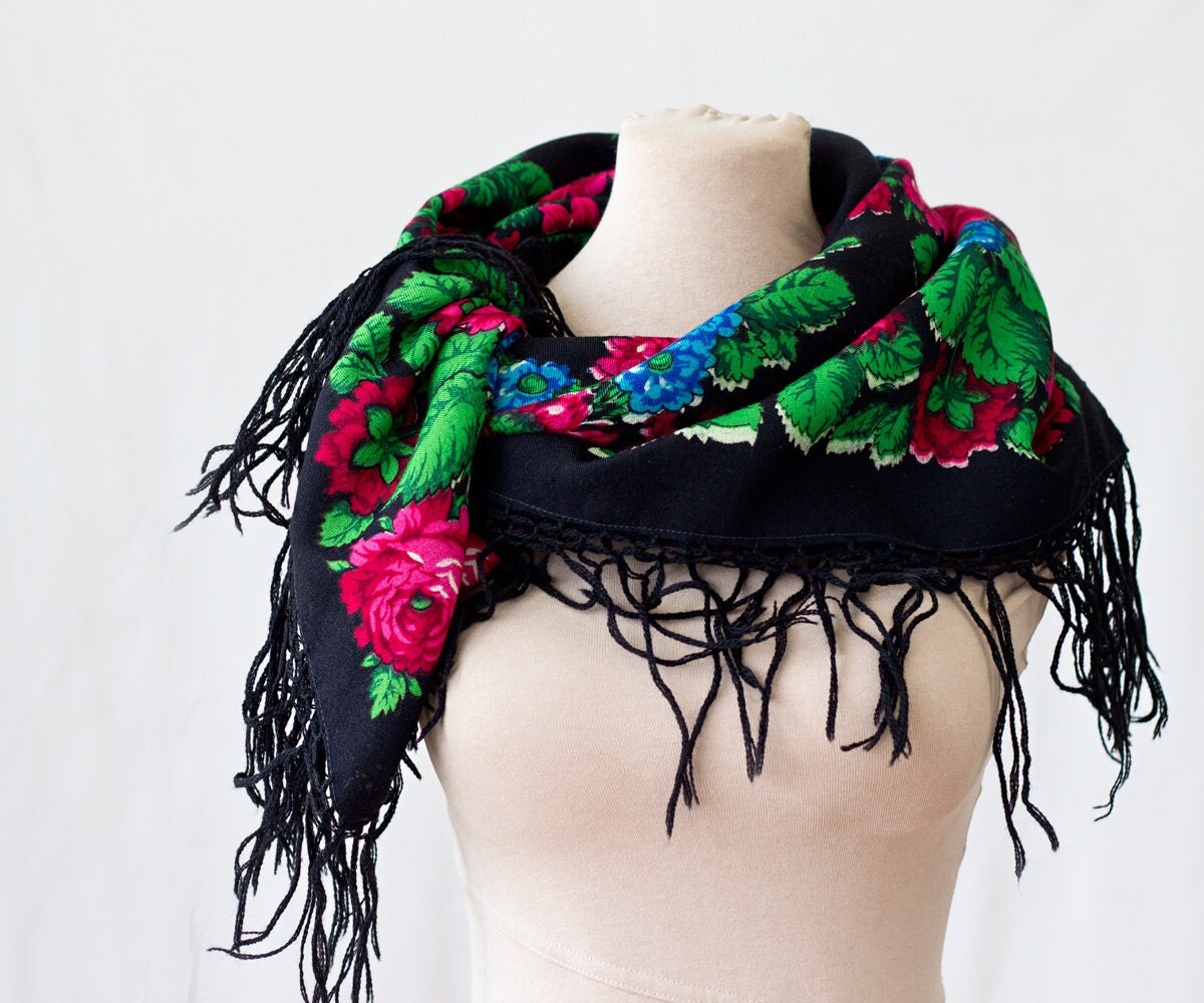 Babushka scarf, black with pink, green and blue, Russian shawl, folk ...