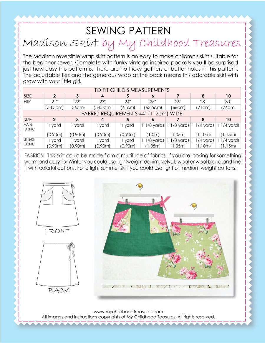 Girls SKIRT Pattern pdf Wrap skirt pattern Girls Sewing