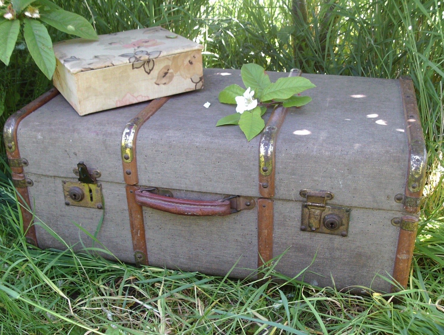 Vintage grey steamer trunk with wooden runners,brass fittings and ...