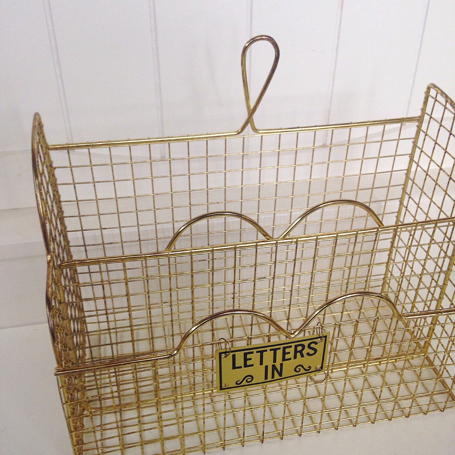 Hollywood regency gold modern letter desk bin office work organizer ...