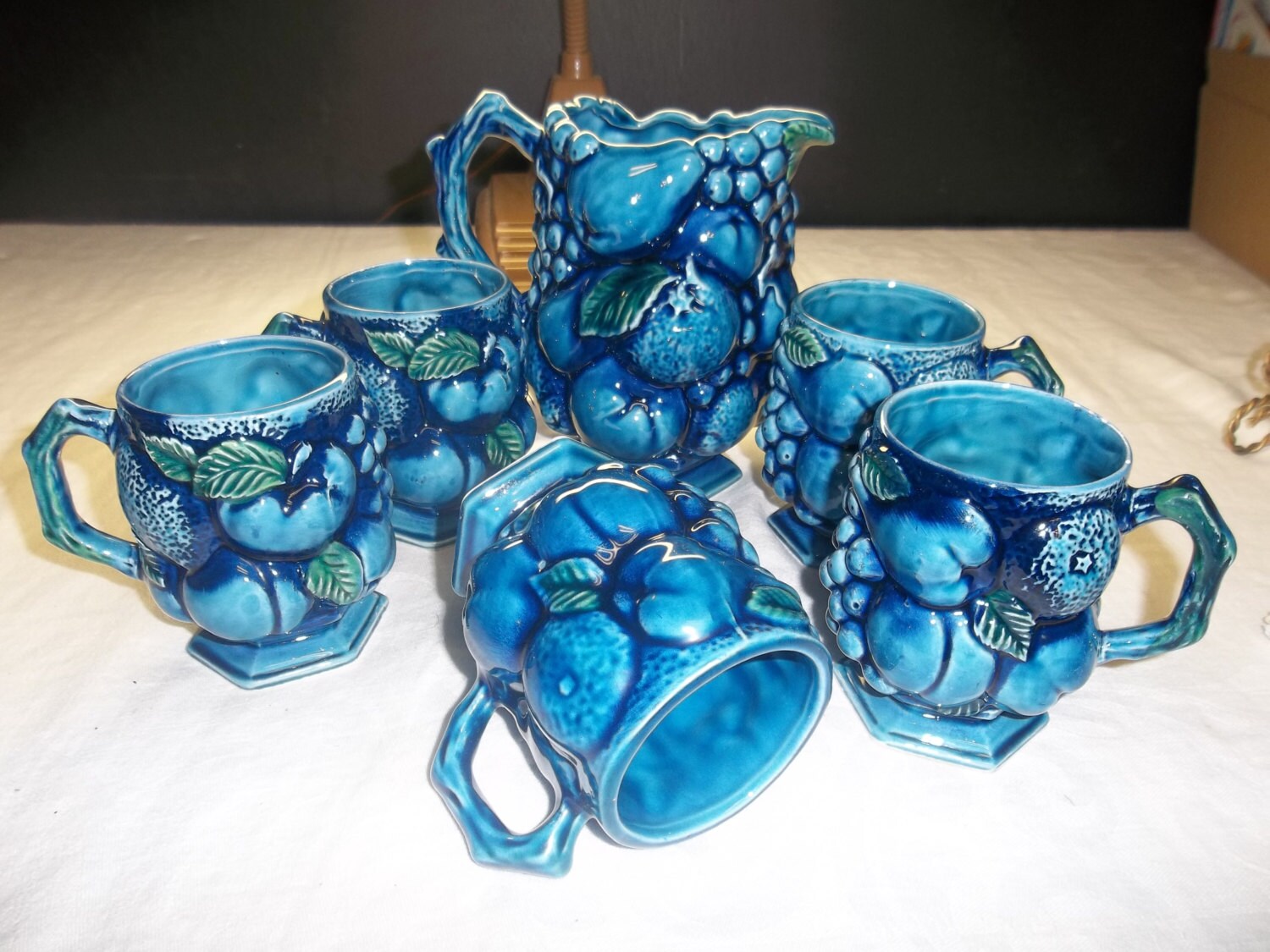 Vintage Inarco Indigo Blue Fruit Design Juice Set, Pitcher and Five ...