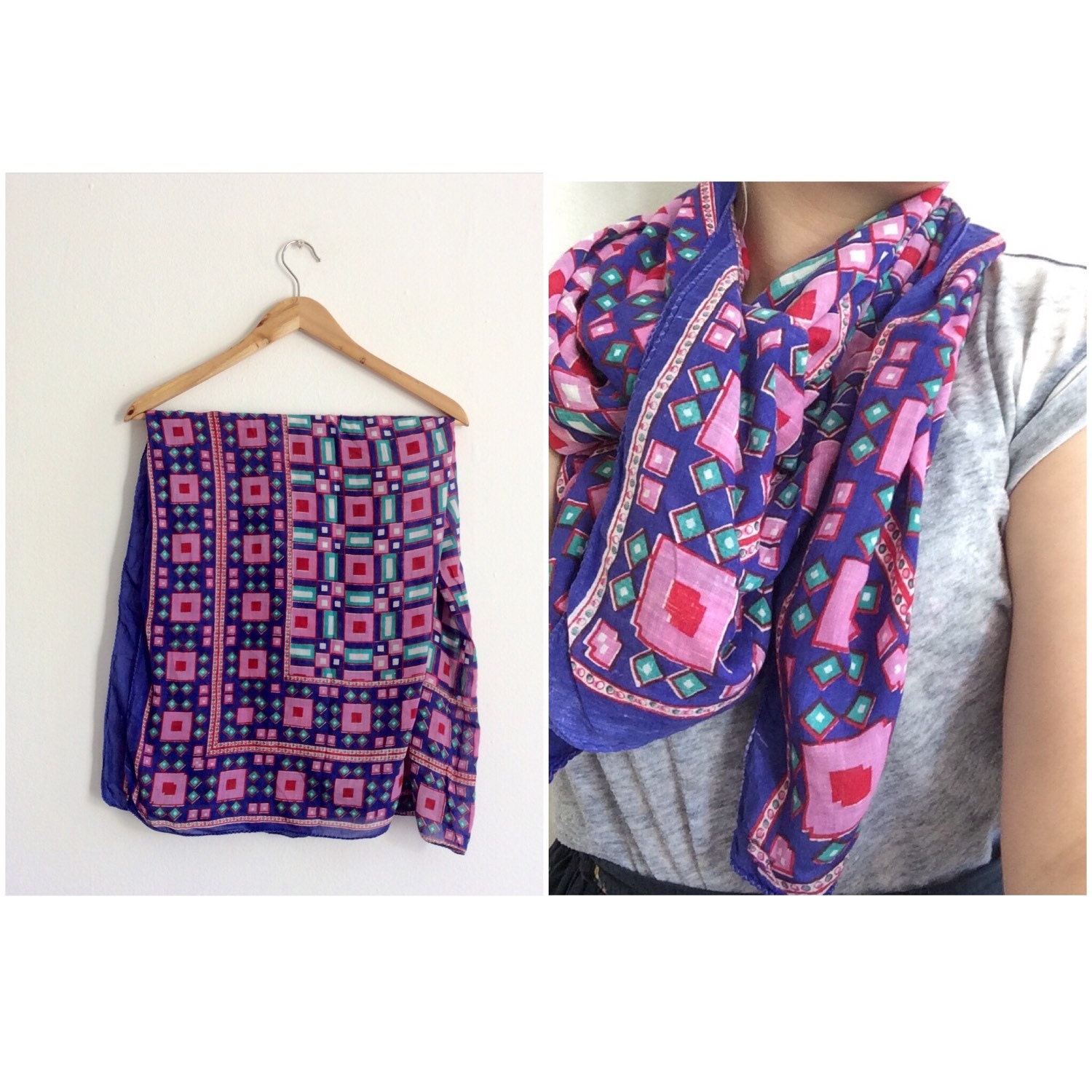 Large vintage scarf // 80s cotton scarf // big wrap scarf // boho ...