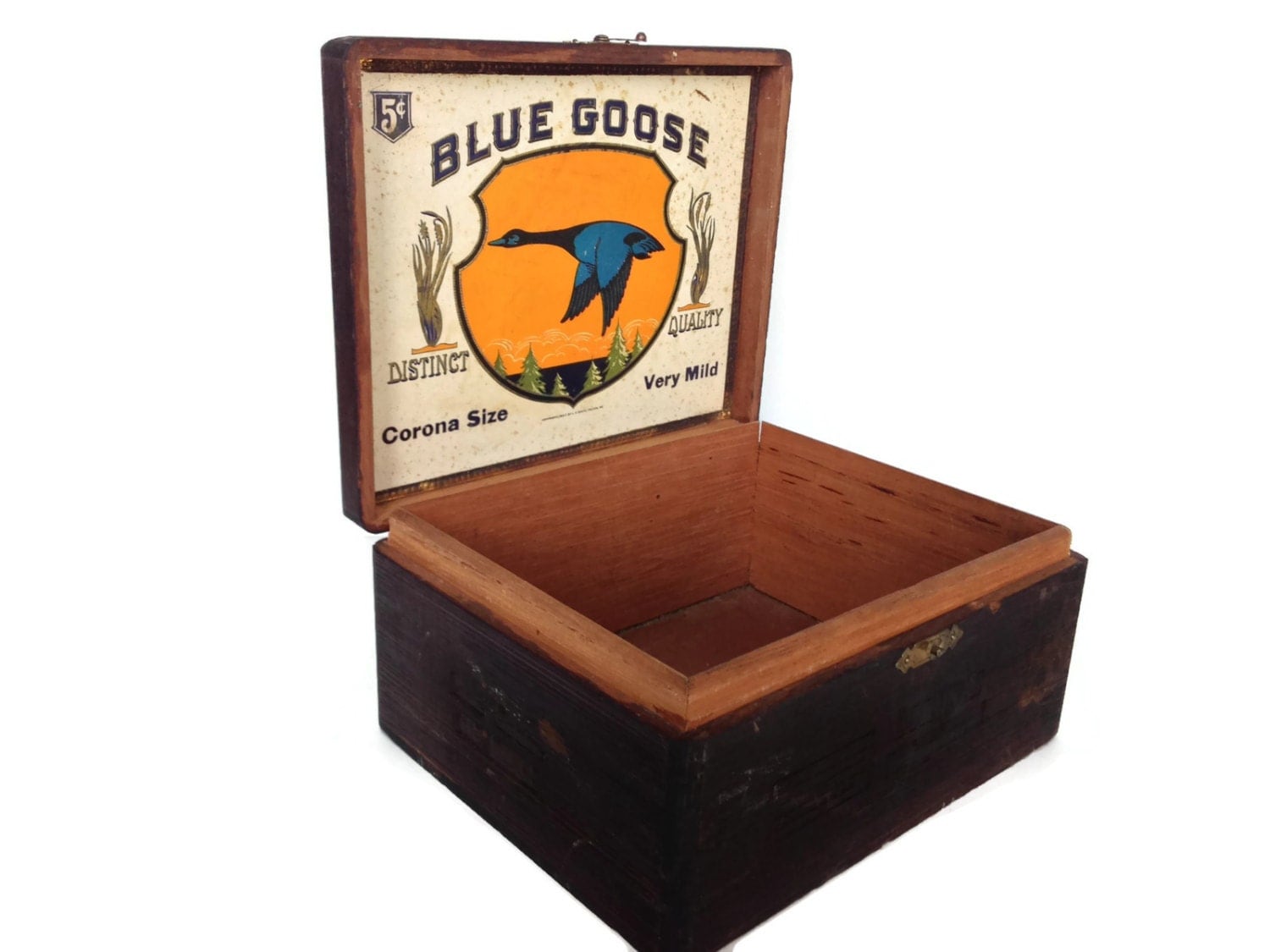 Vintage Blue Goose cigar box wooden trinket crate man cave bar decor ...