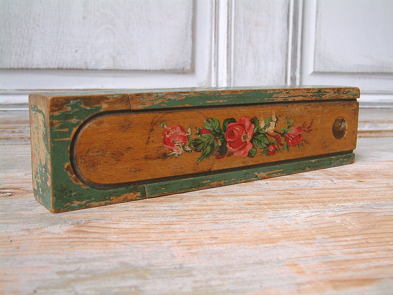 French vintage childs wooden pencil box with rose flowers.