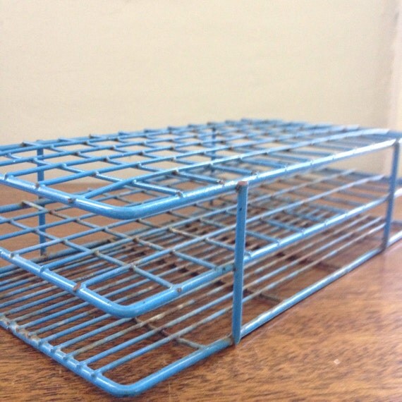 vintage 1960s laboratory metal test tube rack in original blue