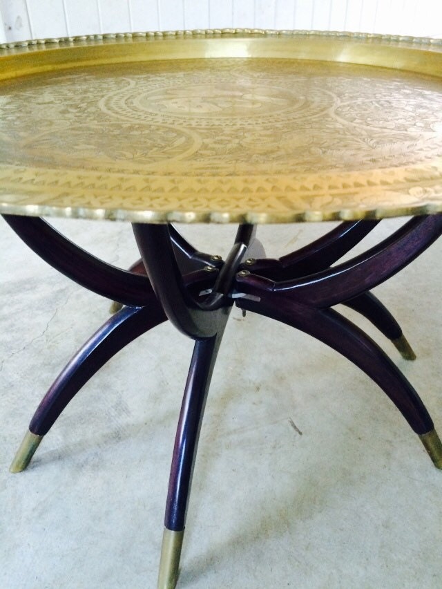Vintage Mid-Century Round Brass Coffee Table with Folding Spider Style ...
