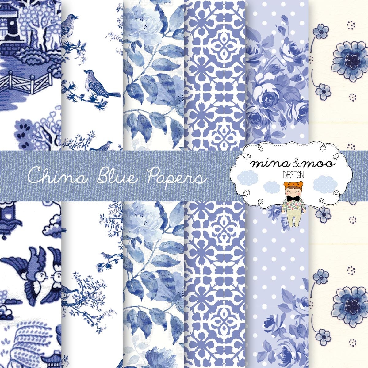 China Blue digital papers China Blue Patterns by MinaandMooDesign