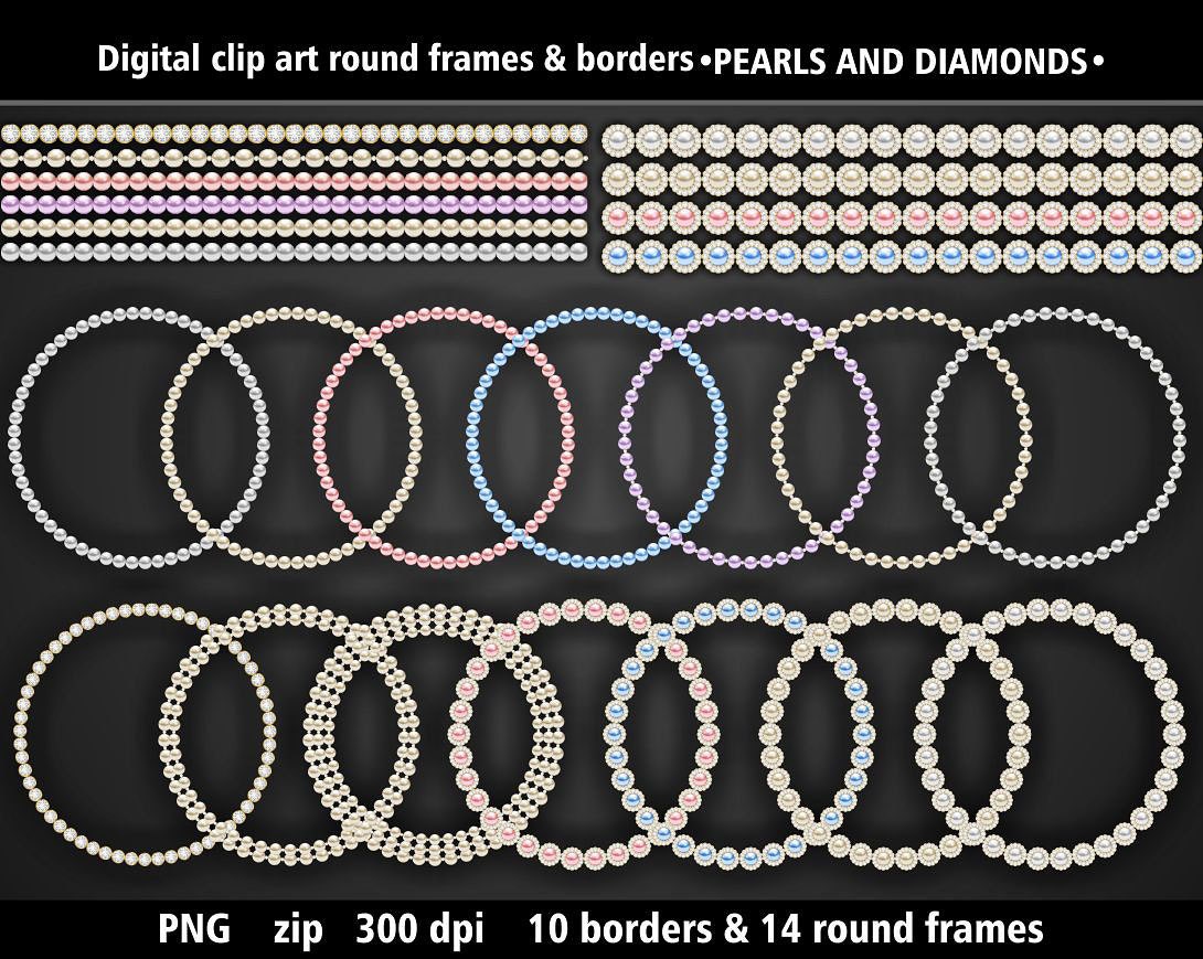 Round pearl frames and borders clip art. Digital download. Set