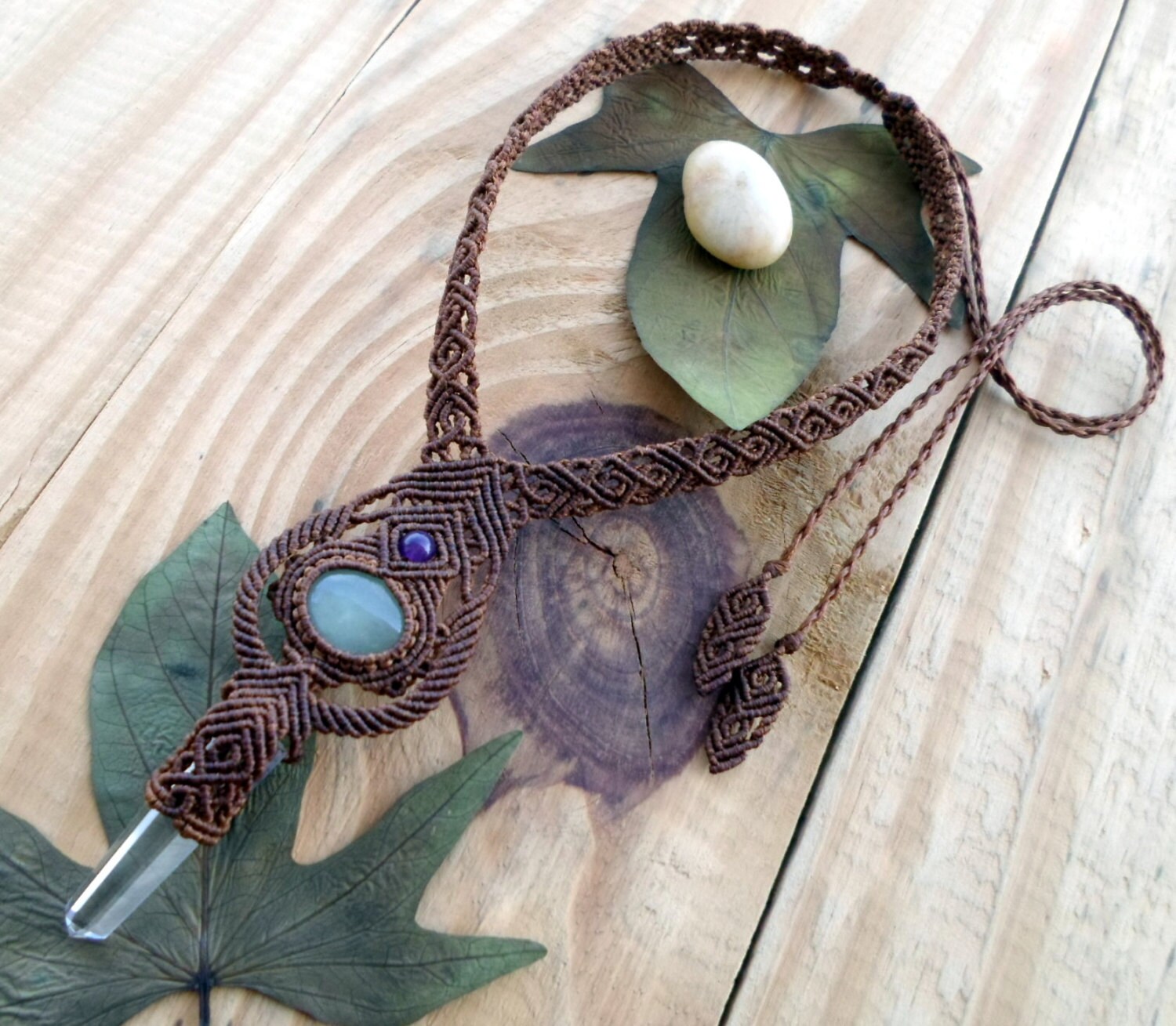 Aquamarine macrame necklace crystal quartz wand by SelinofosArt