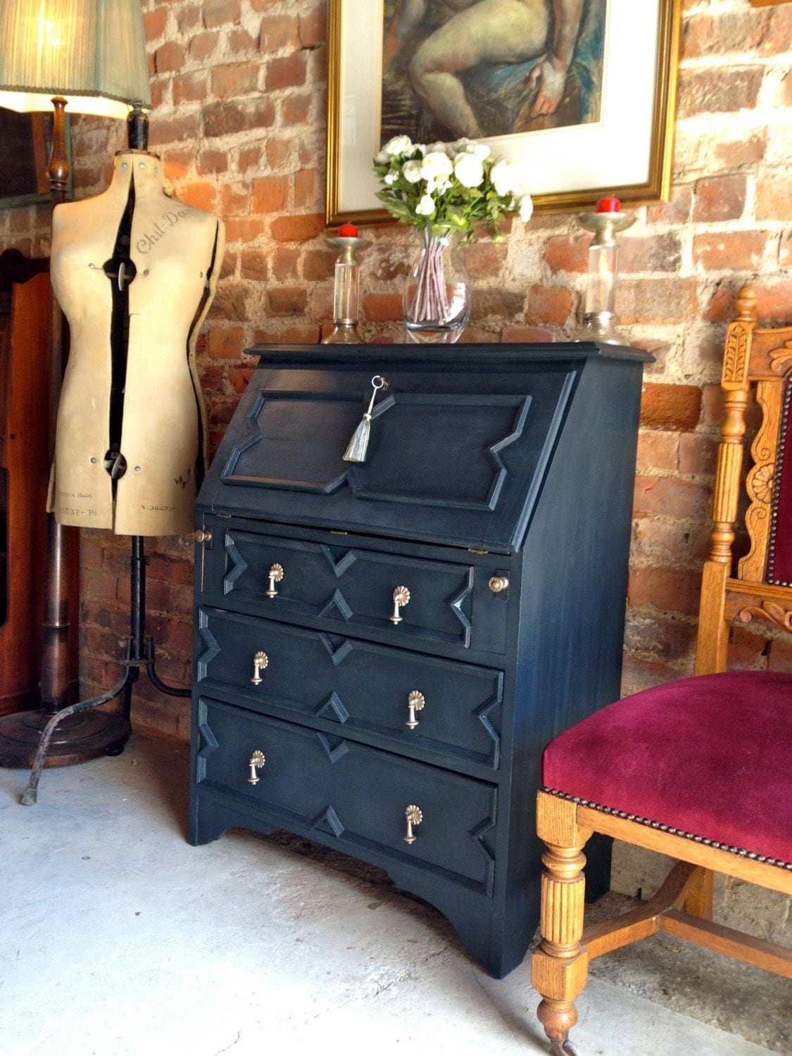 Antique Upcycled Writing Desk, Bureau, Solid Oak, Shabby Chic, Nearly ...