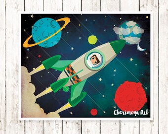 Outer Space Kids Wall Art Rocket Ship Print Boys Room Decor