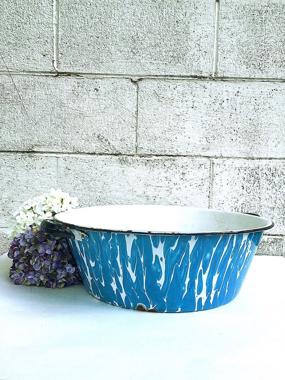 Enamel WASH BASIN Vintage Blue and White by GodSaveStrawberryJam