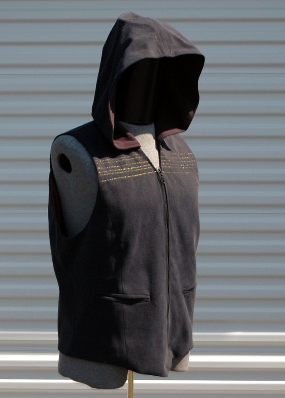 L Mens Cyberpunk Hooded Vest Charcoal and Brass by OLearStudios